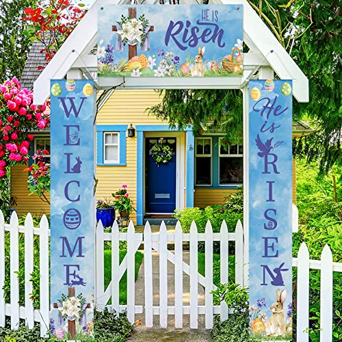 Easter He Is Risen Porch Banner 3 Pieces Welcome Religious Holiday Front Door Sign Christian Cross Resurrection Fence Banner Hanging Outdoor Banner for Home Birthday Garden Wall Party Decoration