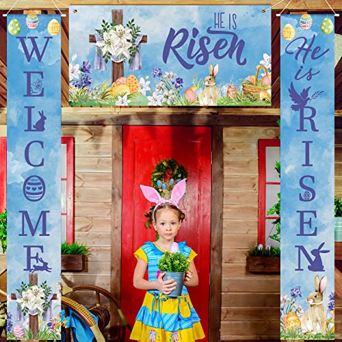 Easter He Is Risen Porch Banner 3 Pieces Welcome Religious Holiday Front Door Sign Christian Cross Resurrection Fence Banner Hanging Outdoor Banner for Home Birthday Garden Wall Party Decoration