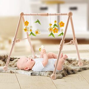 bopoobo Wooden Baby Play Gym Foldable Baby Play Gym Frame Activity Center Hanging Sensory Toys with 6 Soft Toys for Sensory Exploration and Motor Skill Development Gift for Newborn Baby