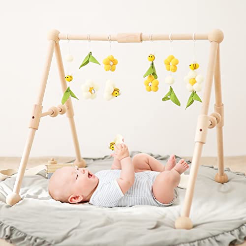 bopoobo Wooden Baby Play Gym Foldable Baby Play Gym Frame Activity Center Hanging Sensory Toys with 6 Soft Toys for Sensory Exploration and Motor Skill Development Gift for Newborn Baby