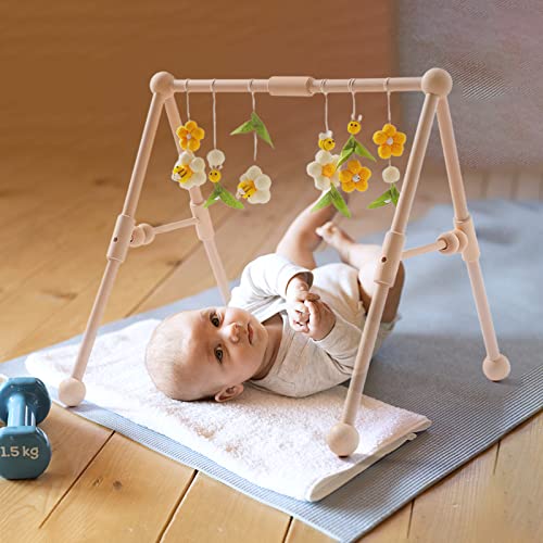 bopoobo Wooden Baby Play Gym Foldable Baby Play Gym Frame Activity Center Hanging Sensory Toys with 6 Soft Toys for Sensory Exploration and Motor Skill Development Gift for Newborn Baby