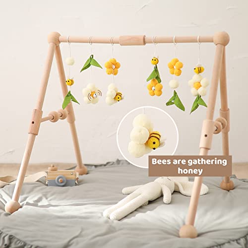 bopoobo Wooden Baby Play Gym Foldable Baby Play Gym Frame Activity Center Hanging Sensory Toys with 6 Soft Toys for Sensory Exploration and Motor Skill Development Gift for Newborn Baby