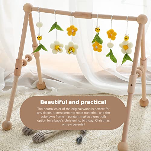 bopoobo Wooden Baby Play Gym Foldable Baby Play Gym Frame Activity Center Hanging Sensory Toys with 6 Soft Toys for Sensory Exploration and Motor Skill Development Gift for Newborn Baby