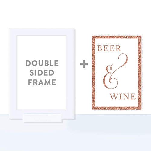 Andaz Press Framed Wedding Party Signs, Rose Gold Glitter, 4x6-inch, Beer & Wine Bar Sign, 1-Pack, Copper Champagne Colored Decorations