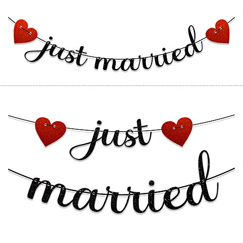 Ushinemi Black Just Married Banner Sign for Wedding Party Decoration Supplies, Bridal Shower with 2 Red Glitter Hearts