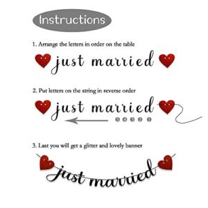 Ushinemi Black Just Married Banner Sign for Wedding Party Decoration Supplies, Bridal Shower with 2 Red Glitter Hearts