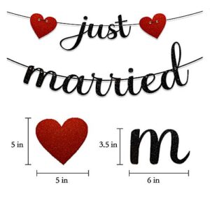 Ushinemi Black Just Married Banner Sign for Wedding Party Decoration Supplies, Bridal Shower with 2 Red Glitter Hearts