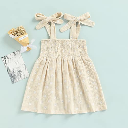 Toddler Baby Girl Summer Dress - Daisy Flower Print Elastic Dress Linen Strap Dresses Summer Clothes 6M-5T