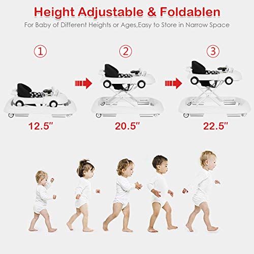 HONEY JOY Baby Walker, Foldable Seated Walker with Wheels, Adjustable Height, Steering Wheel w/Horn, Music & Lights, Removable Food Tray, Padded Seat, Car Walker for Baby Boy Girl Age 6 Months+