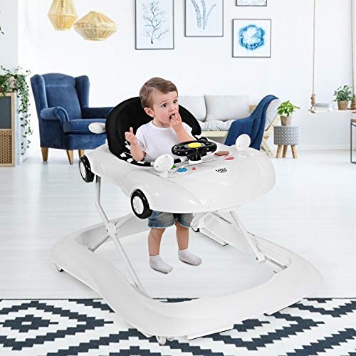 HONEY JOY Baby Walker, Foldable Seated Walker with Wheels, Adjustable Height, Steering Wheel w/Horn, Music & Lights, Removable Food Tray, Padded Seat, Car Walker for Baby Boy Girl Age 6 Months+