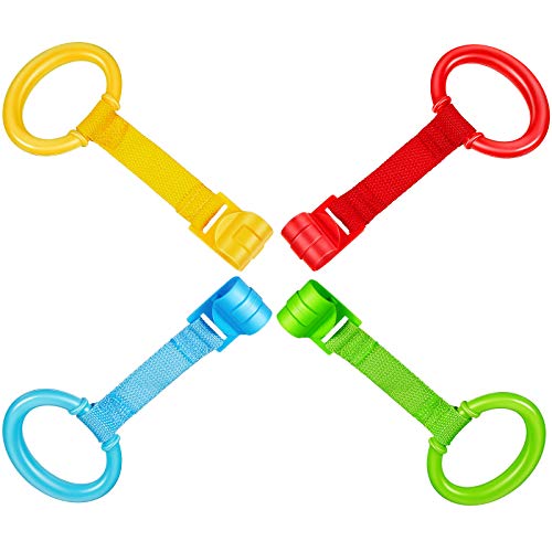 4 Pieces Baby Stand Up Walker Tool Ring for Playpen Toddler Crib Hooks General Use Toddler Training Ring Baby Toys Bed Rings for Baby Stand Up (Yellow, Red, Green, Blue)