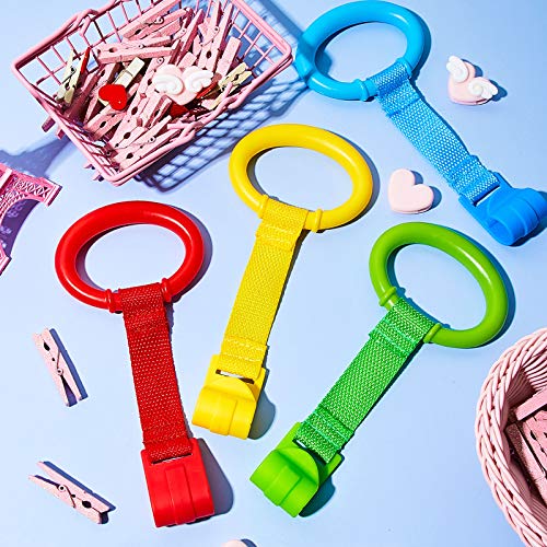 4 Pieces Baby Stand Up Walker Tool Ring for Playpen Toddler Crib Hooks General Use Toddler Training Ring Baby Toys Bed Rings for Baby Stand Up (Yellow, Red, Green, Blue)