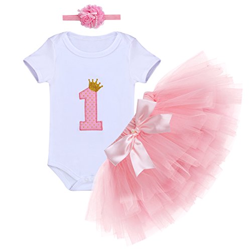 ODASDO Baby Girls First Birthday Outfit Newborn Infant 1st One Year Old Party Cake Smash Photo Props Crown 1 Cotton Short Sleeve Romper + Princess Tutu Skirt + Headband 3pcs Clothes Set Pink 01