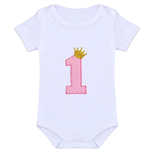 ODASDO Baby Girls First Birthday Outfit Newborn Infant 1st One Year Old Party Cake Smash Photo Props Crown 1 Cotton Short Sleeve Romper + Princess Tutu Skirt + Headband 3pcs Clothes Set Pink 01