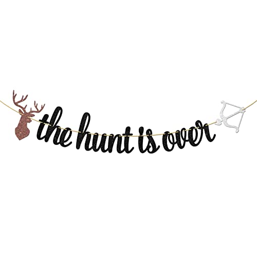 The Hunt is Over Banner - Bridal Shower Wedding Party Decorations, Engagement Party Bachelorette Party Supplies Black Glitter