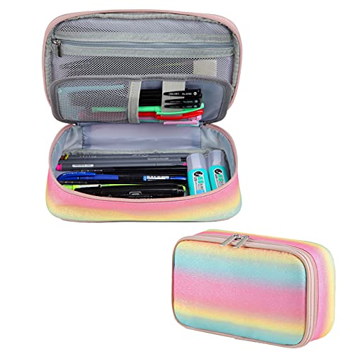 VASCHY Pencil Case, Large Capacity Pen Holder Pouch with Double Zippers Multi Compartments Easy Organized Mesh Pockets Rainbow