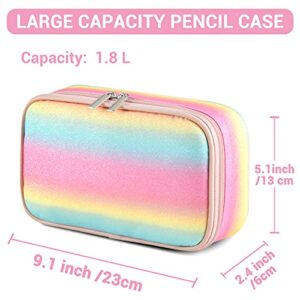 VASCHY Pencil Case, Large Capacity Pen Holder Pouch with Double Zippers Multi Compartments Easy Organized Mesh Pockets Rainbow