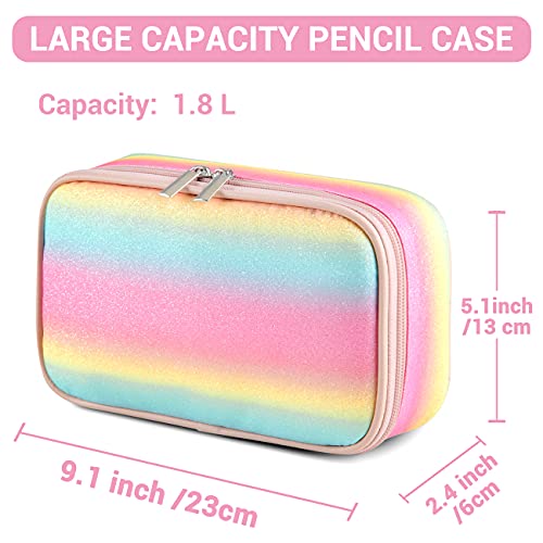 VASCHY Pencil Case, Large Capacity Pen Holder Pouch with Double Zippers Multi Compartments Easy Organized Mesh Pockets Rainbow