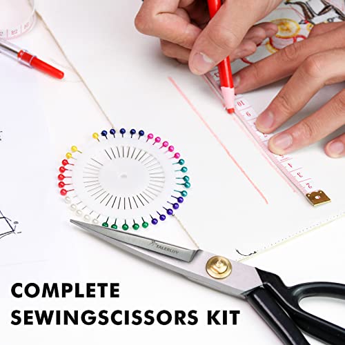 Talerluv Professional Sewing Fabric Scissors, Heavy Duty Sharp Tailor Shears with Fabric Pencil, Pins, Thread Snips, Tape Measure, Seam Ripper for Cutting Leather Cloth Upholstery Dressmaking