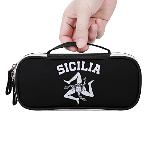 Sicilian Trinacria Sicilia Pride Pencil Case Bag Large Capacity Stationery Pouch with Handle Portable Makeup Bag Desk Organizer