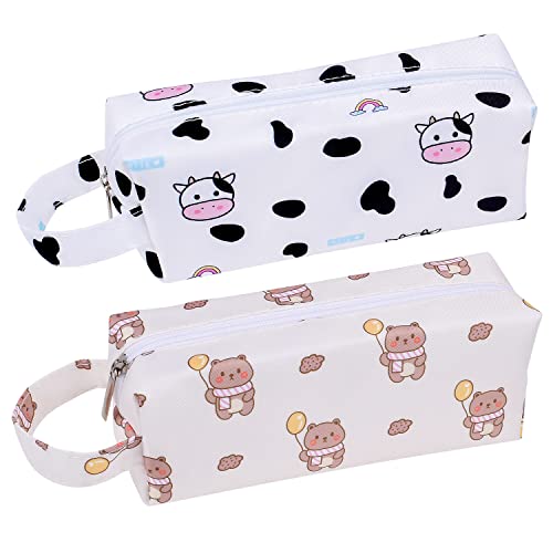 Fycyko 2Pack Kawaii Cute Pencil Case with Zipper Aesthetic Cows Bear Pattern Organizer Storage Bag Makeup Pouch Cosmetic Canvas Small Pencil Pen Case for Adults Kids Students