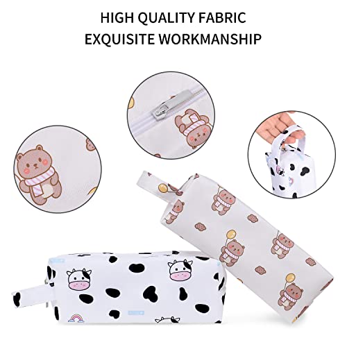 Fycyko 2Pack Kawaii Cute Pencil Case with Zipper Aesthetic Cows Bear Pattern Organizer Storage Bag Makeup Pouch Cosmetic Canvas Small Pencil Pen Case for Adults Kids Students