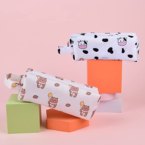 Fycyko 2Pack Kawaii Cute Pencil Case with Zipper Aesthetic Cows Bear Pattern Organizer Storage Bag Makeup Pouch Cosmetic Canvas Small Pencil Pen Case for Adults Kids Students