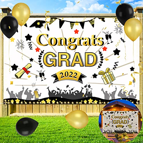 2022 Graduation Decorations - Graduation Banner with 60 LEDs String Lights & 12 Balloons, 73''x 46'' Large Fabric Congrats Grad Banner for Class of 2022 Graduation Party Backdrop Indoor Outdoor