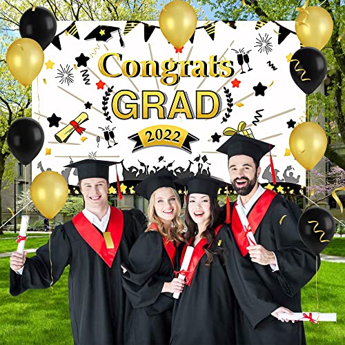 2022 Graduation Decorations - Graduation Banner with 60 LEDs String Lights & 12 Balloons, 73''x 46'' Large Fabric Congrats Grad Banner for Class of 2022 Graduation Party Backdrop Indoor Outdoor