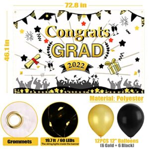 2022 Graduation Decorations - Graduation Banner with 60 LEDs String Lights & 12 Balloons, 73''x 46'' Large Fabric Congrats Grad Banner for Class of 2022 Graduation Party Backdrop Indoor Outdoor