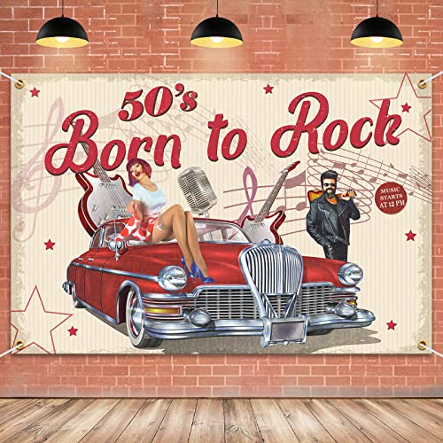 Born to Rock Backdrop Banner Decor Beige - 50s Rock and Roll Birthday Party Theme Decorations for 1950's Men Women Supplies