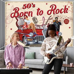 Born to Rock Backdrop Banner Decor Beige - 50s Rock and Roll Birthday Party Theme Decorations for 1950's Men Women Supplies