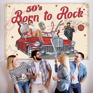 Born to Rock Backdrop Banner Decor Beige - 50s Rock and Roll Birthday Party Theme Decorations for 1950's Men Women Supplies