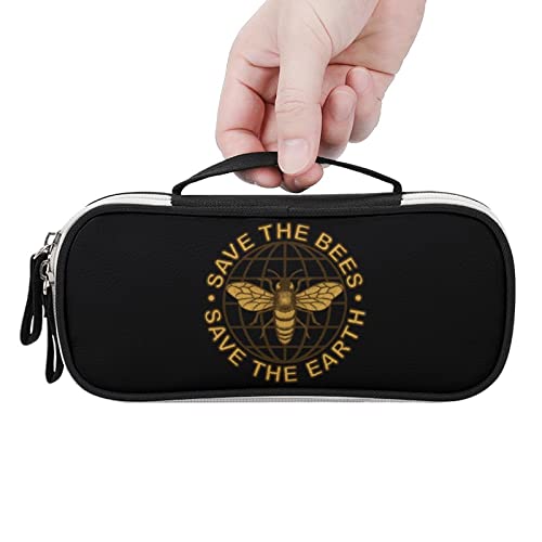 Save The Bees Pencil Case Bag Large Capacity Stationery Pouch with Handle Portable Makeup Bag Desk Organizer