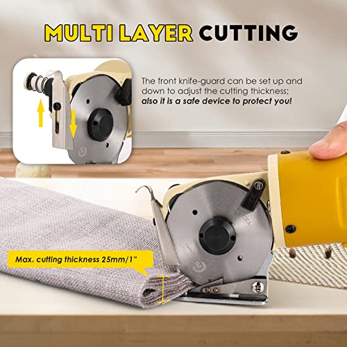 CGOLDENWALL Electric Rotary Fabric Cutter, Multi-layer Electric Fabric Scissors with 1"Cutting Thickness, for Cloth Fabric Leather and Carpet, Comes with Replacement Blades, Sharpening Stones, 110V