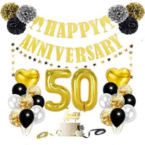 50th anniversary decorations, happy 50th wedding anniversary decorations with banner, cake topper, huge number letter, star hanging, paper pom poms, balloons for happy 50th anniversary decorations