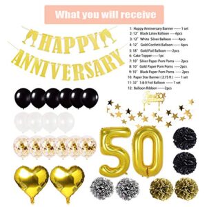 50th Anniversary Decorations, Happy 50th Wedding Anniversary Decorations with Banner, Cake Topper, Huge Number Letter, Star Hanging, Paper pom poms, Balloons for Happy 50th Anniversary Decorations