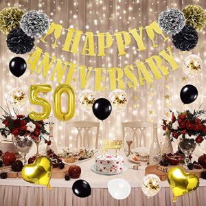 50th Anniversary Decorations, Happy 50th Wedding Anniversary Decorations with Banner, Cake Topper, Huge Number Letter, Star Hanging, Paper pom poms, Balloons for Happy 50th Anniversary Decorations