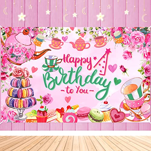 Floral Tea Party Decorations Floral Happy Birthday Banner Large Pink Floral Teapot Themed Birthday Photo Booth Backdrop Background for Birthday Baby Shower Anniversary Tea Party Supplies 71 * 44 inch