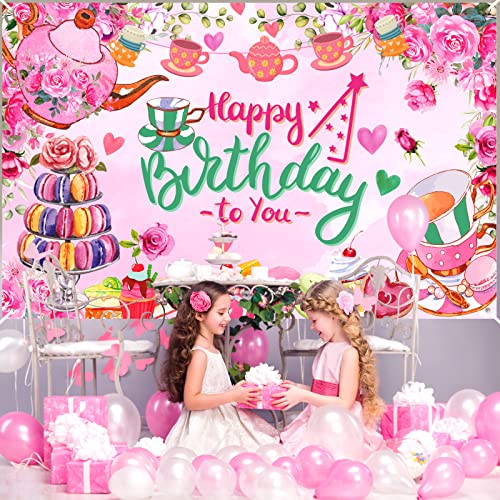 Floral Tea Party Decorations Floral Happy Birthday Banner Large Pink Floral Teapot Themed Birthday Photo Booth Backdrop Background for Birthday Baby Shower Anniversary Tea Party Supplies 71 * 44 inch