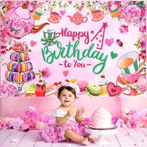 Floral Tea Party Decorations Floral Happy Birthday Banner Large Pink Floral Teapot Themed Birthday Photo Booth Backdrop Background for Birthday Baby Shower Anniversary Tea Party Supplies 71 * 44 inch