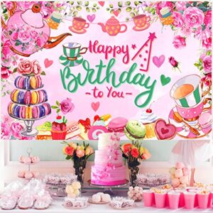 Floral Tea Party Decorations Floral Happy Birthday Banner Large Pink Floral Teapot Themed Birthday Photo Booth Backdrop Background for Birthday Baby Shower Anniversary Tea Party Supplies 71 * 44 inch