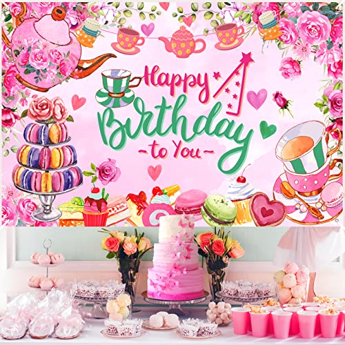 Floral Tea Party Decorations Floral Happy Birthday Banner Large Pink Floral Teapot Themed Birthday Photo Booth Backdrop Background for Birthday Baby Shower Anniversary Tea Party Supplies 71 * 44 inch