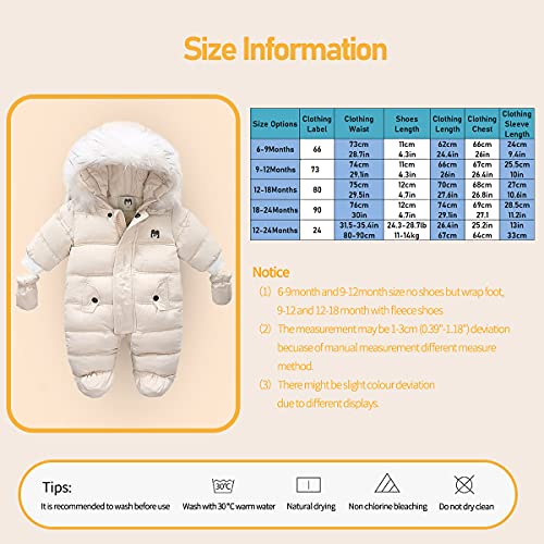 Baby Fleece Lined Outerwear Warm Winter Snow Wear Long Sleeve Snug Snowsuit Outfits for 12-18 Months Baby White