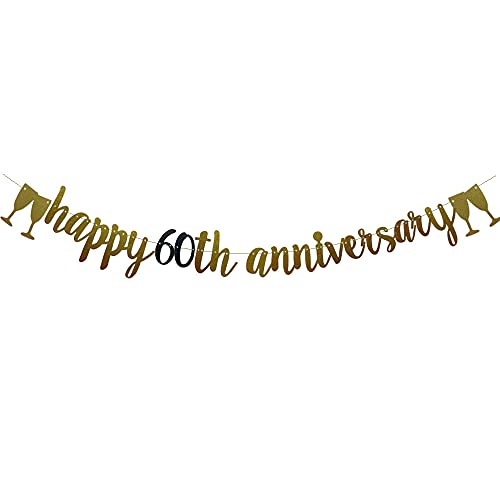 Happy 60th Anniversary Banner,Pre-Strung, Gold And Black Glitter Paper Party Decorations for 60th Wedding Anniversary Party Supplies Letters Black And Gold Betteryanzi