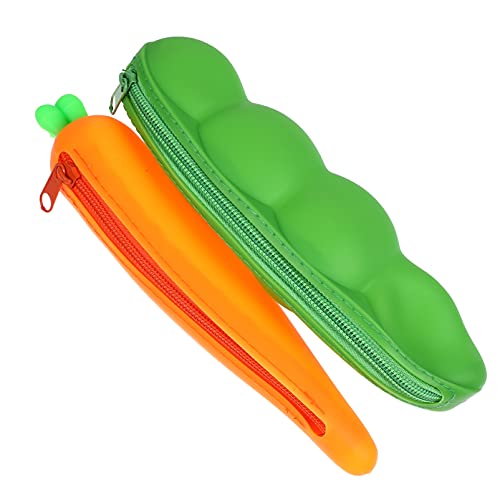 NUOBESTY 2pcs Silicone Pencil Bag Pea and Carrot Shape Pencil Case Makeup Tool Pouch Zipper Stationery Pouch Pencil Holder Organizers for Kids Students