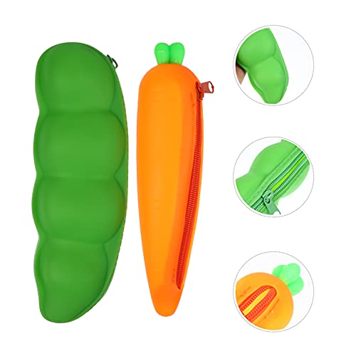 NUOBESTY 2pcs Silicone Pencil Bag Pea and Carrot Shape Pencil Case Makeup Tool Pouch Zipper Stationery Pouch Pencil Holder Organizers for Kids Students