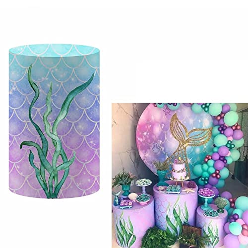 ittsmnt Cylinder Plinth Covers Underwater Mermaid Themed Pedestal Covers Glitter Seaweed Scales Baby Shower Girls 1st Birthday Party Cake Table Decor Banner