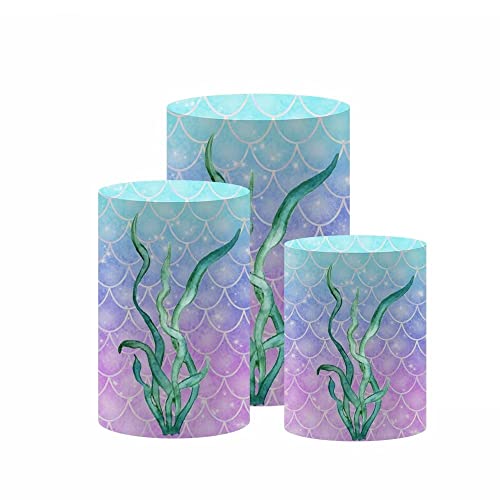 ittsmnt Cylinder Plinth Covers Underwater Mermaid Themed Pedestal Covers Glitter Seaweed Scales Baby Shower Girls 1st Birthday Party Cake Table Decor Banner