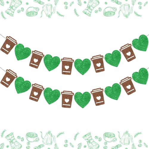 Coffee Bar Banner Green, Glitter Coffee Cup and Heart Garland, Latte Banner for Birthday Bachelorette Engagement Wedding Baby Shower Party, Coffee Bar Wall Table Decorations